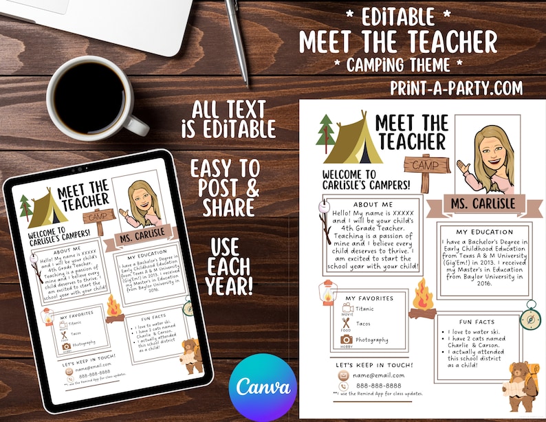Editable Meet the Teacher Template - Camping-themed Classrooms, Back to ...