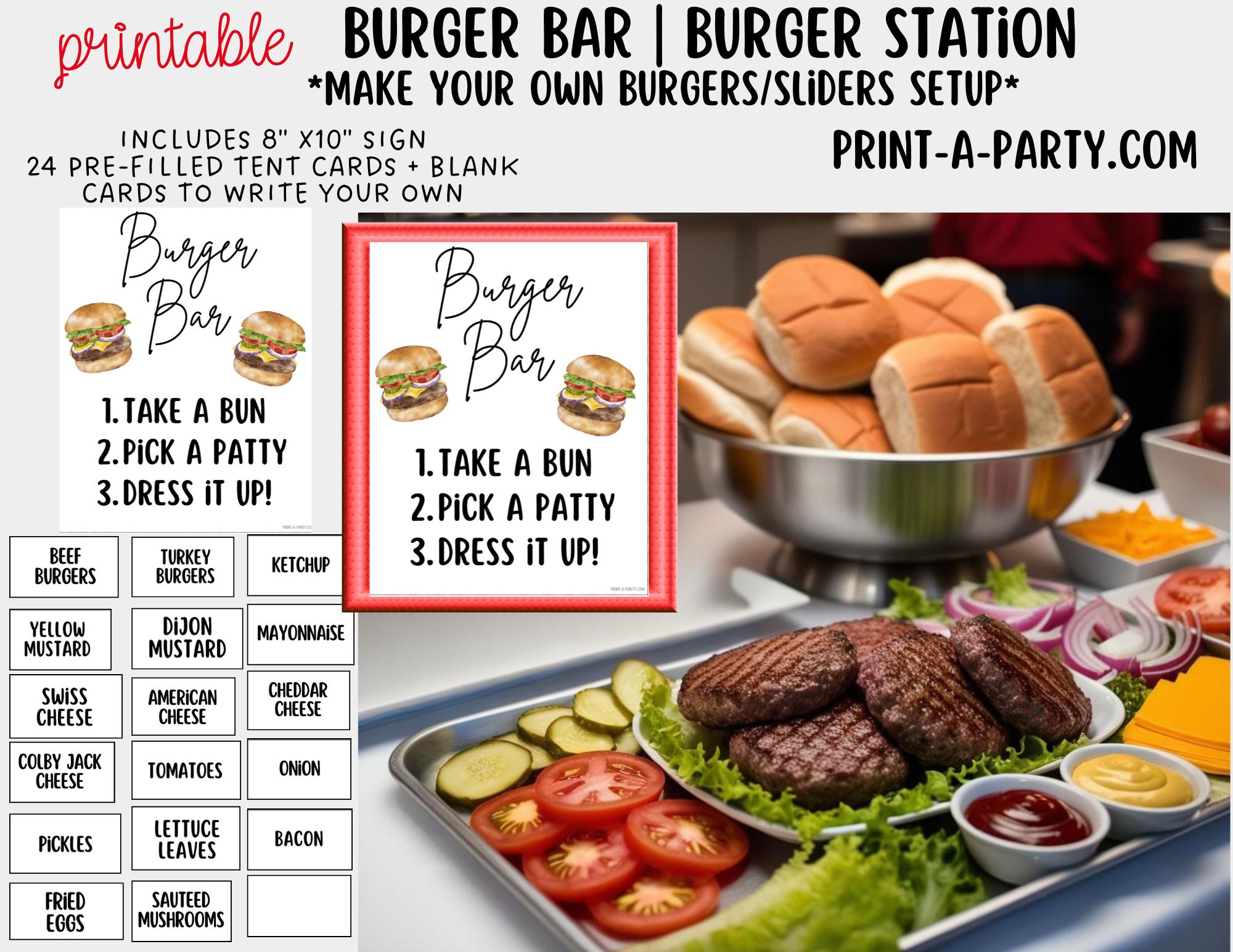 Burger Bar Sign & Toppings Tent Cards | BBQ Party Decor Printable (PDF ...