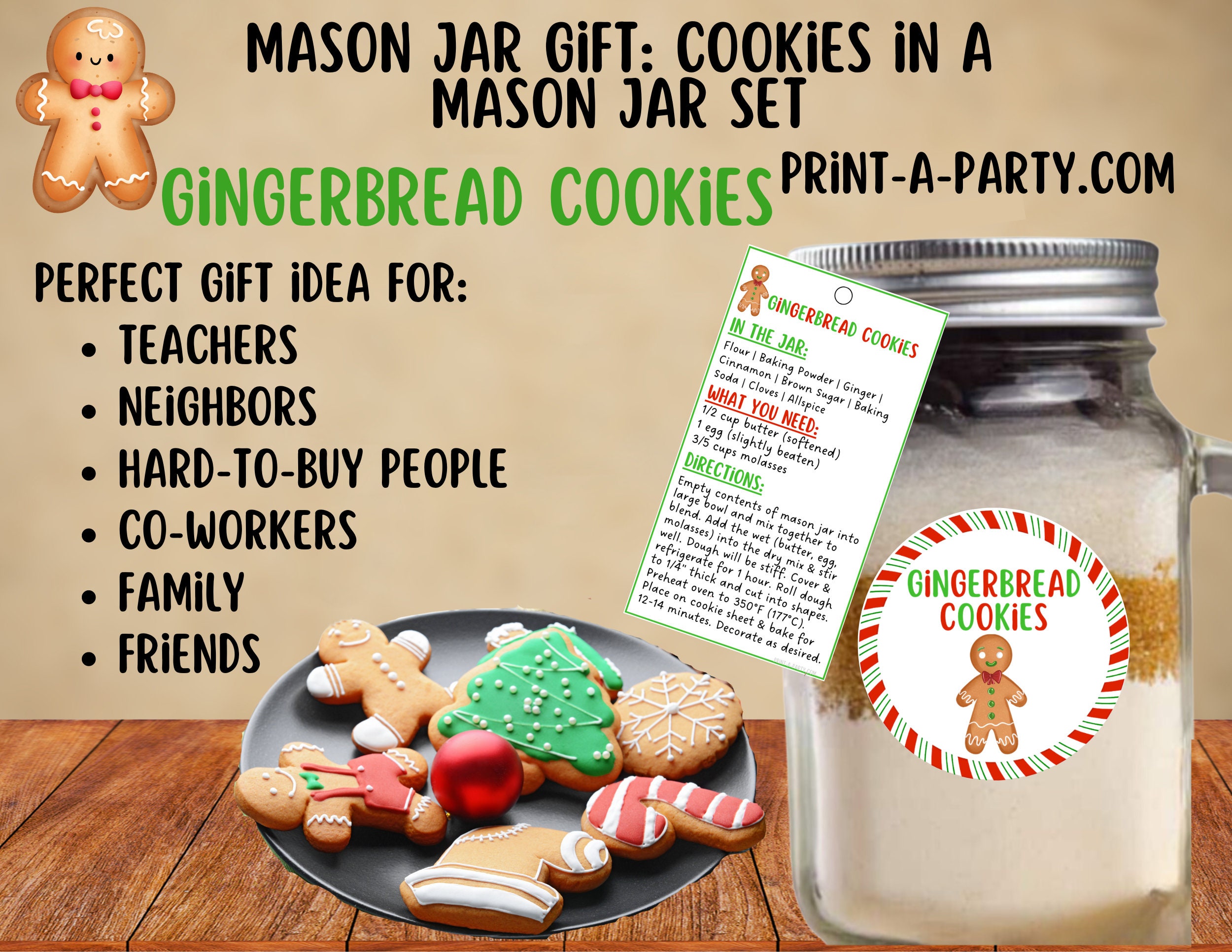 MASON JAR COOKIE Gift | Gingerbread Cookies in a Mason Jar Set | Cookie ...