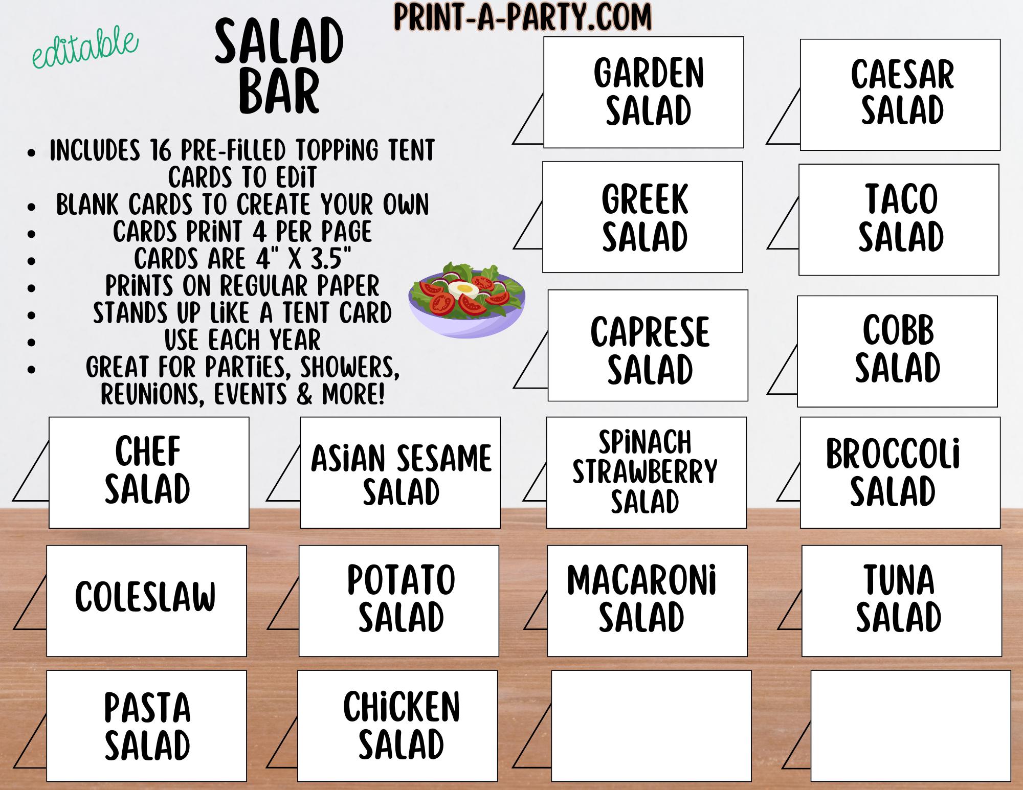Editable Salad Bar Sign & Food Labels: Party Buffet Printable (DIY ...