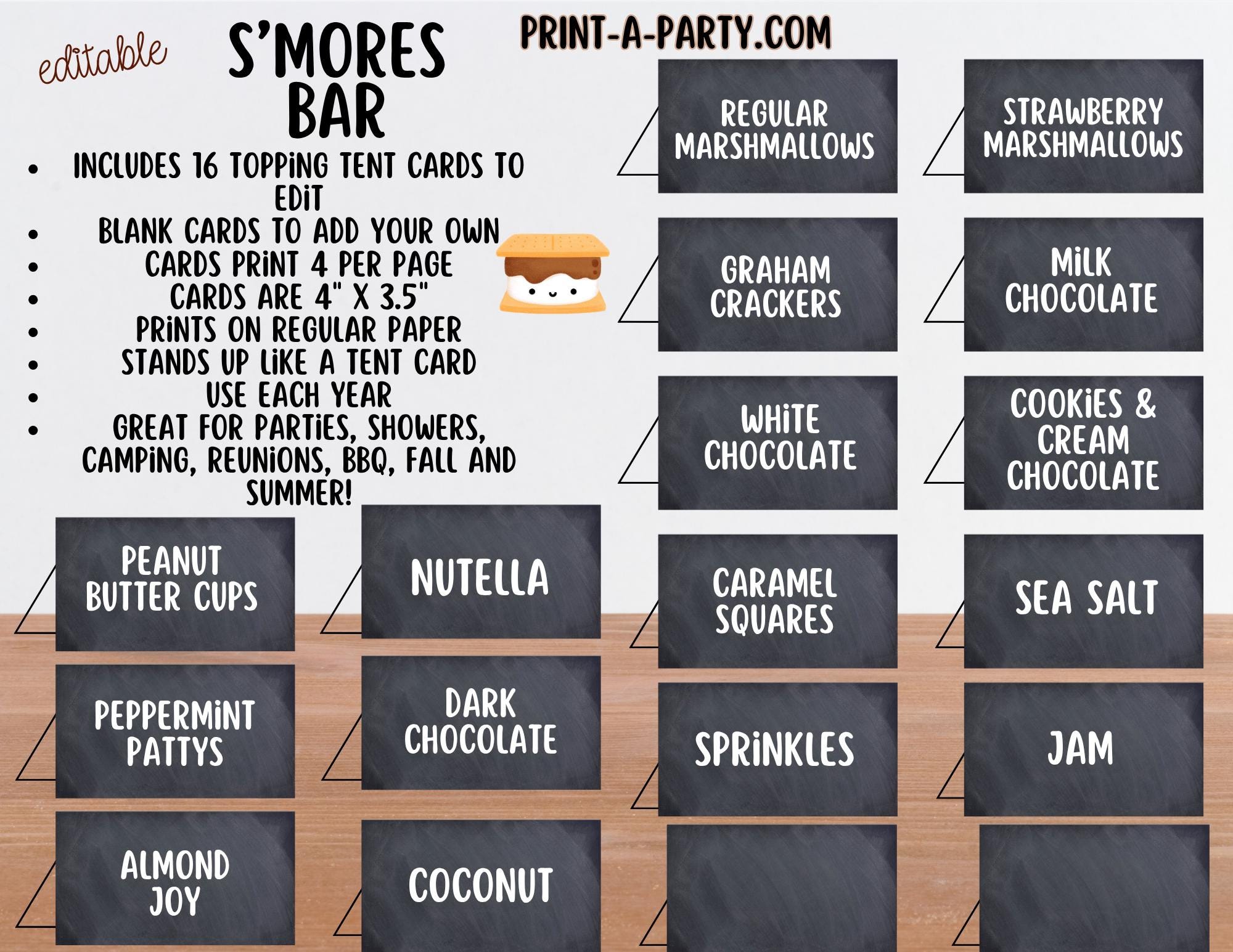 Editable S'MORES BAR Printable - Chalkboard Sign and Toppings Labels ...