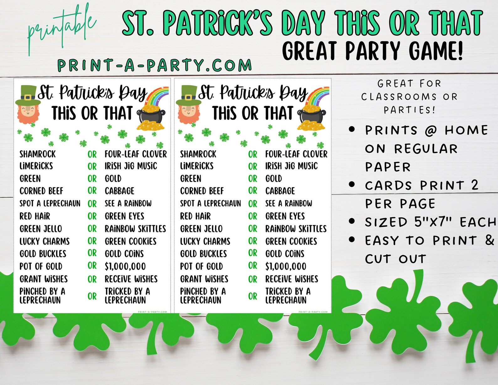 St. Patrick's Day This or That Game Printable | St. Patrick's Day Party ...