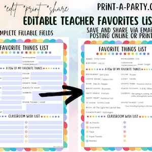 Teacher Favorite Things List - Edit via a Fillable PDF - Printable ...