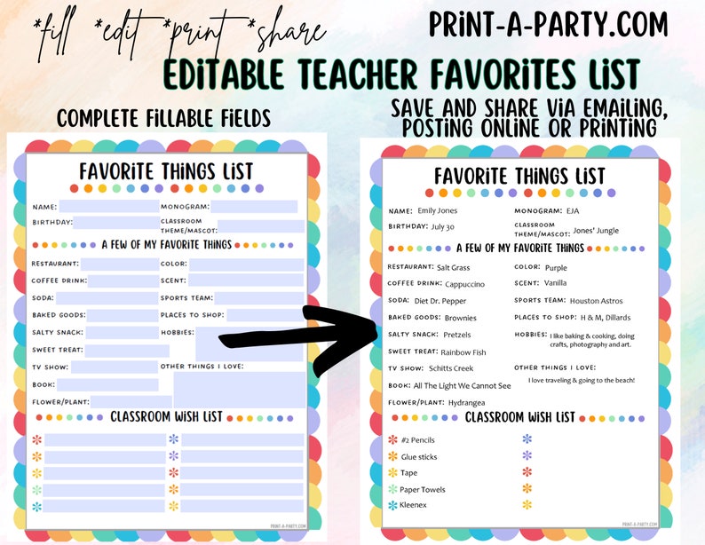 Teacher Favorite Things List – Fillable PDF Printable - Etsy