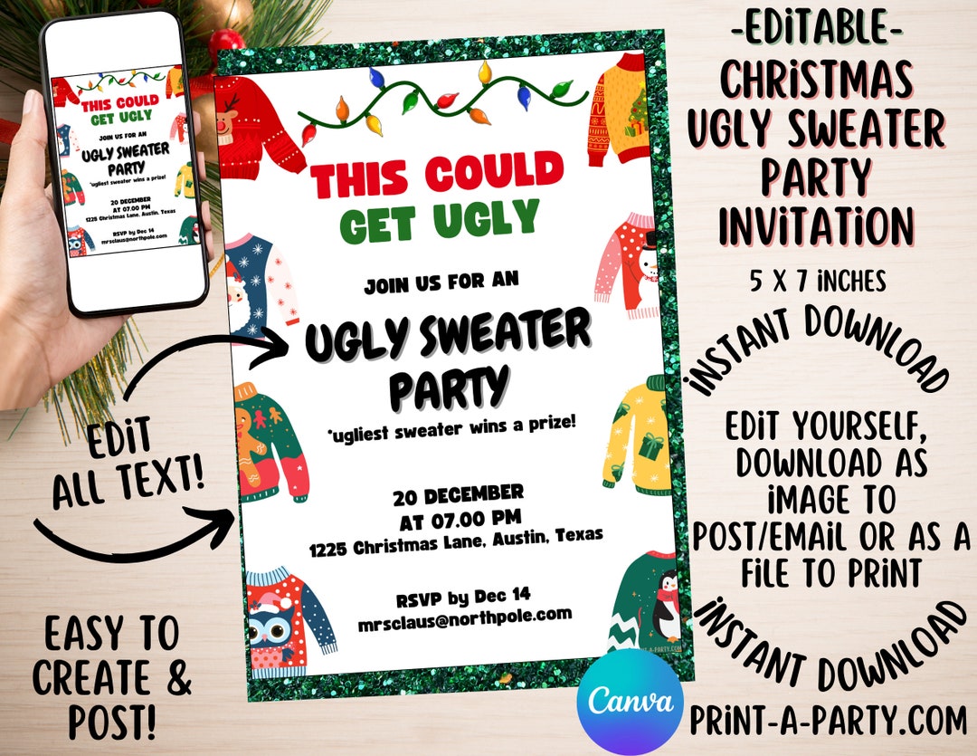 Ugly Christmas Sweater Party Invitation - Editable Template (digital ...