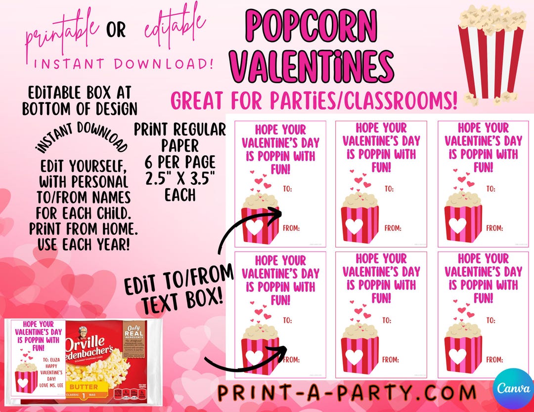 Editable Popcorn VALENTINE CARD - DIY Valentine's Day Card | Valentine ...