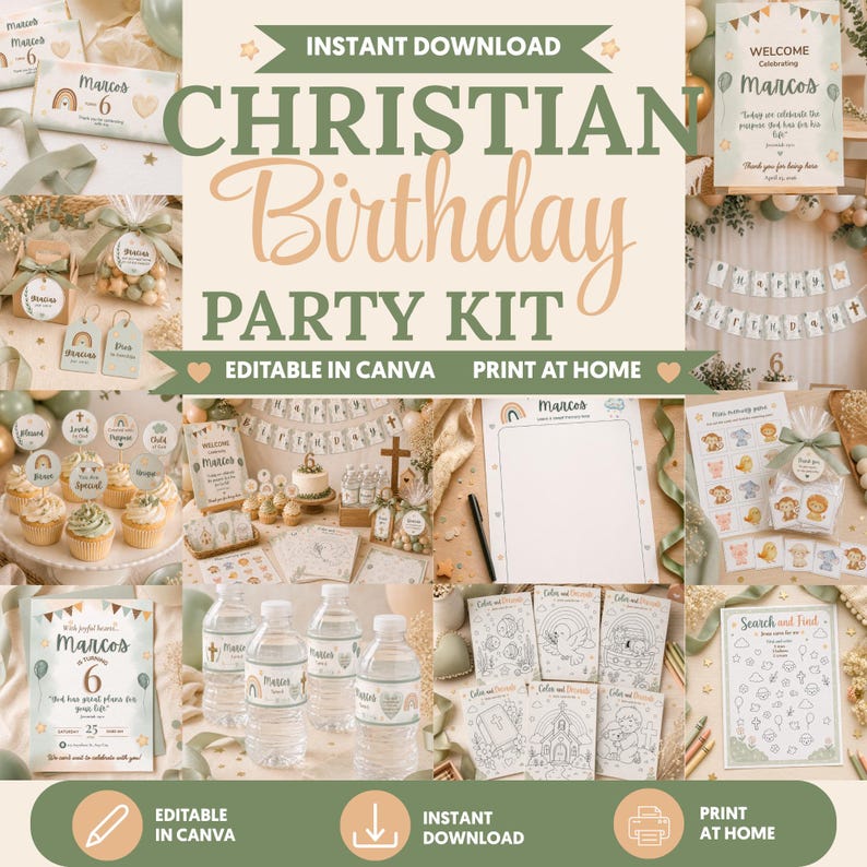 Christian Birthday Party Kit Editable Canva, Kids Invitation, Banner ...