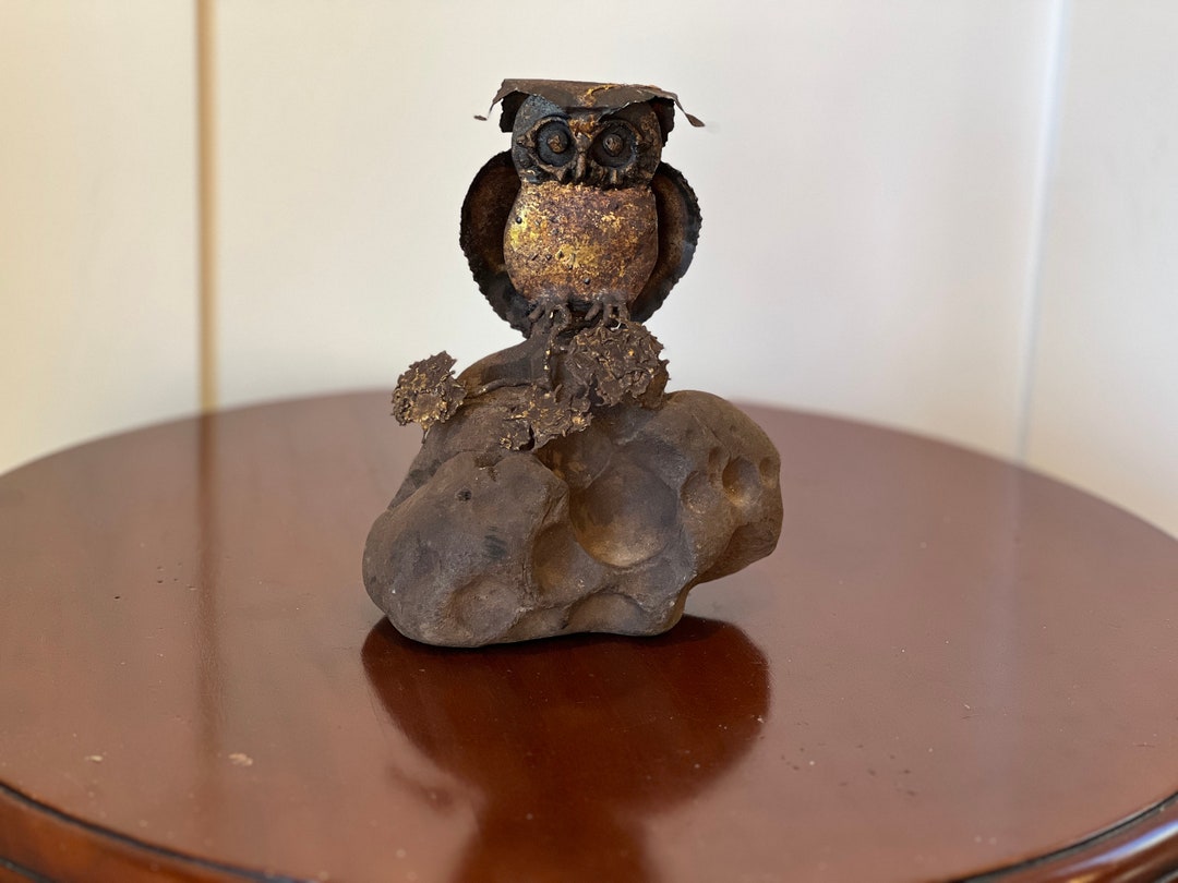 Vintage MCM Brutalist Owl Metal Sculpture Set on a Rock - Mid-century Modern Metal Art - Etsy