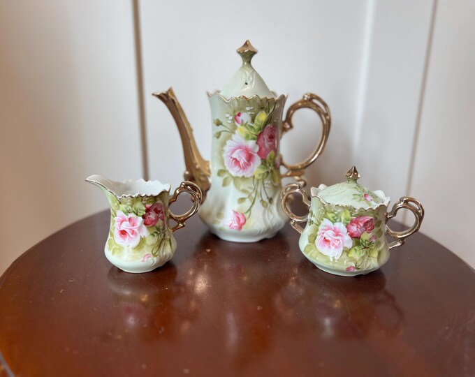 Vintage LEFTON Green Heritage Rose Teapot Sugar Creamer Tea Set Hand ...
