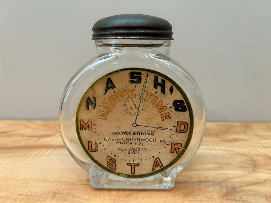 Vintage Nash’s Happy Time Mustard Jar With Metal Lid, Clock Face Jar ...