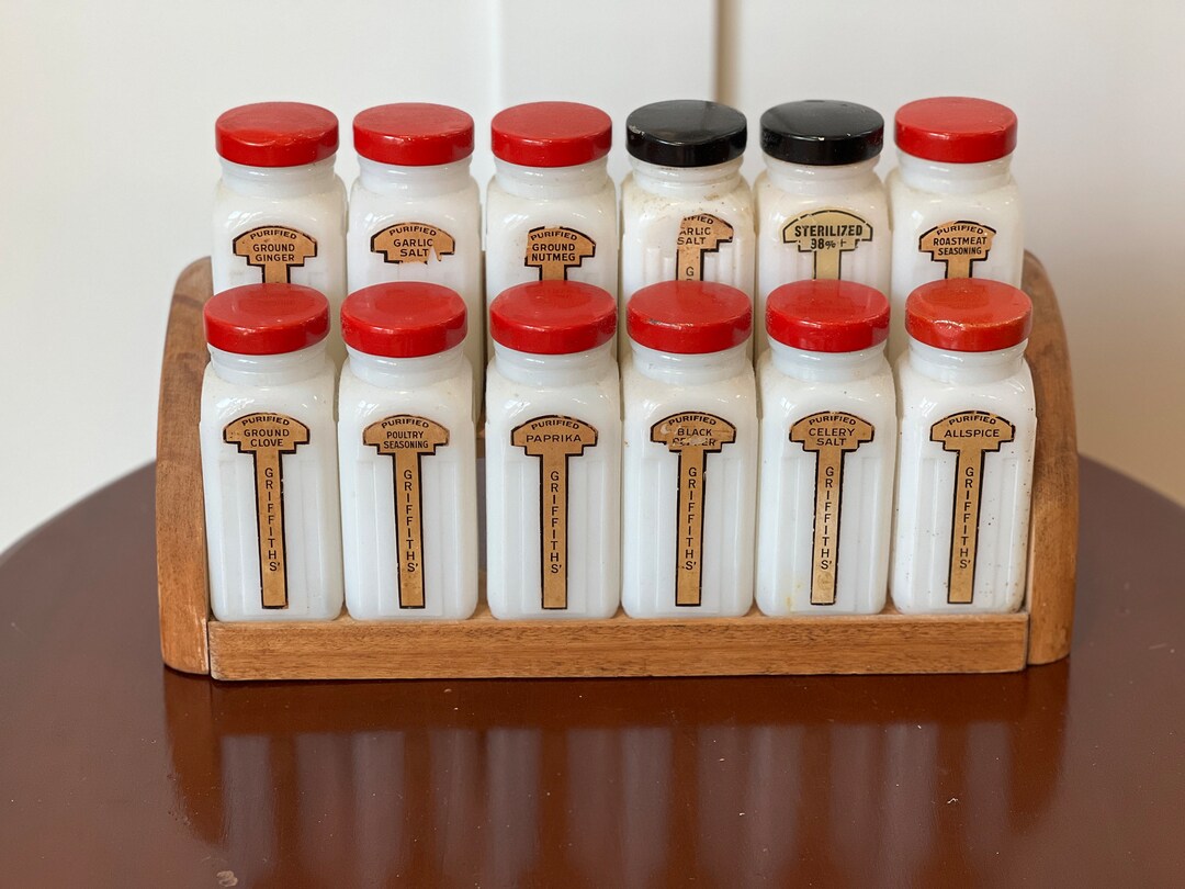 Vintage Griffith Art Deco Milk Glass Spice Jars and Wood Wall Rack Set ...