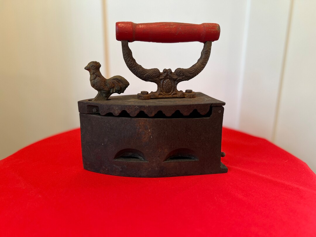 Antique Coal Iron With Rooster Latch and Red Wood Handle - Sad Iron ...