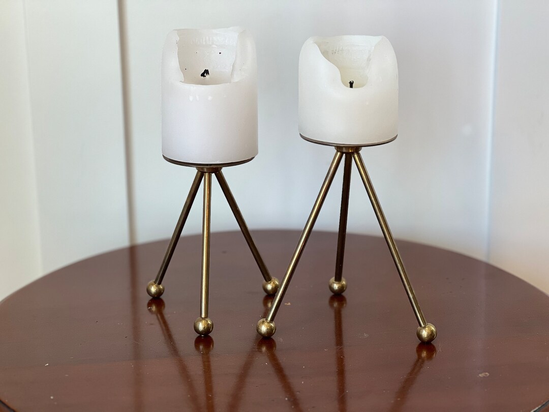 Vintage Pair of MCM Brass Sputnik or Atomic Style Tripod Candleholders ...