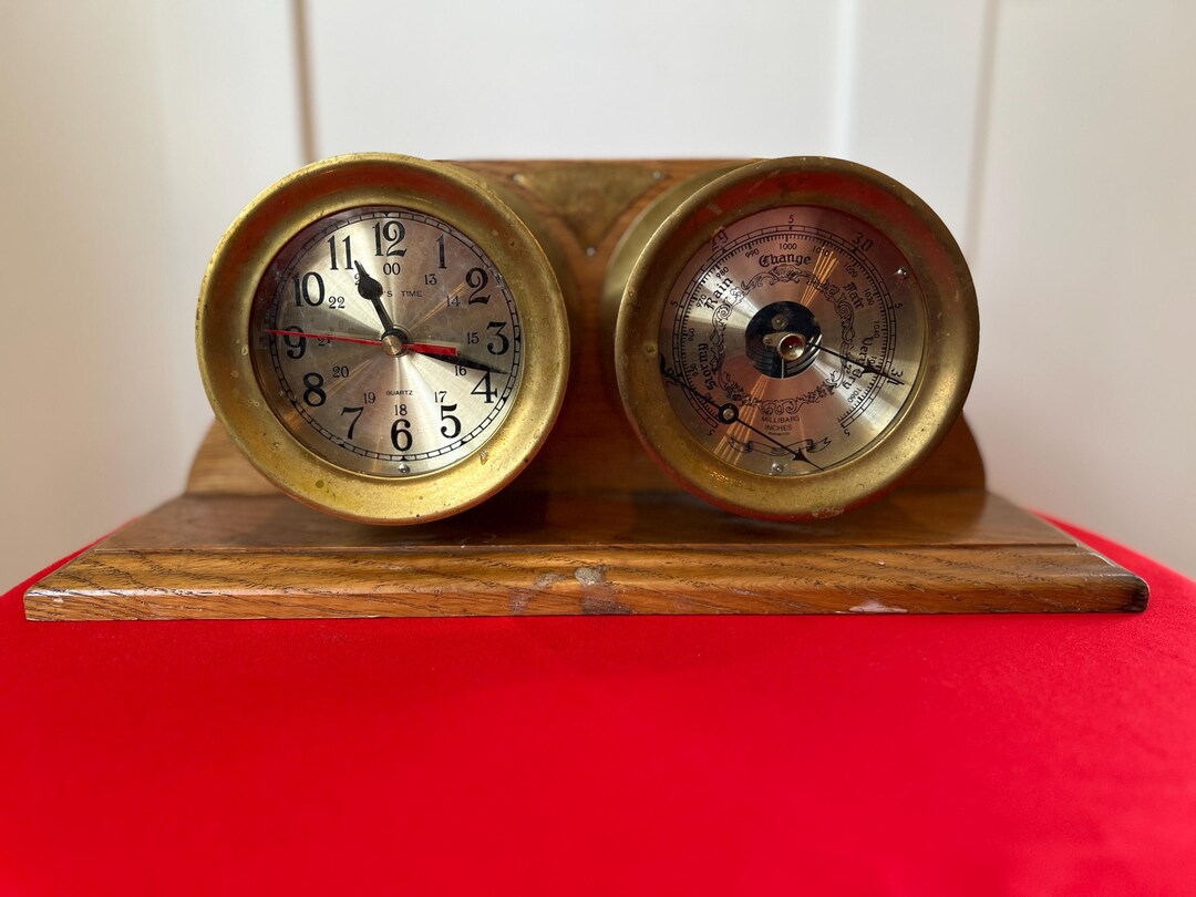 Vintage Quartz Ship Captains Clock and Barometer on Wood Mount First ...