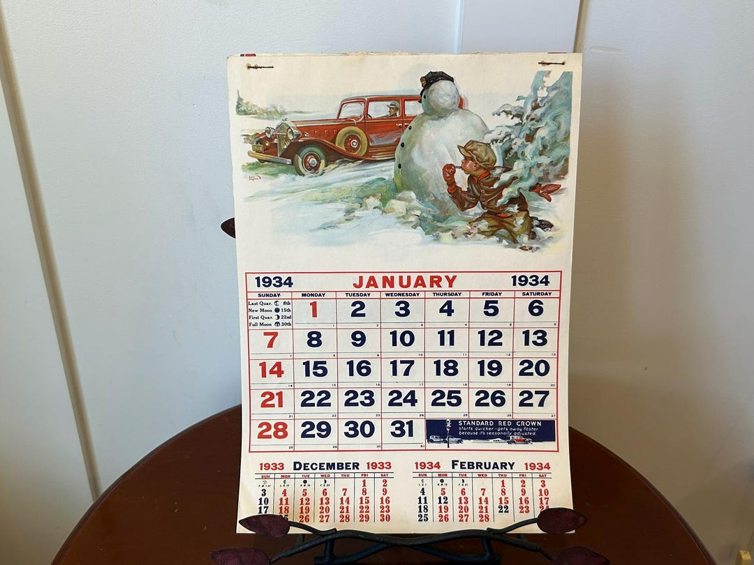 Vintage Rare 1934 Standard Red Crown Gasoline Wall Calendar With ...