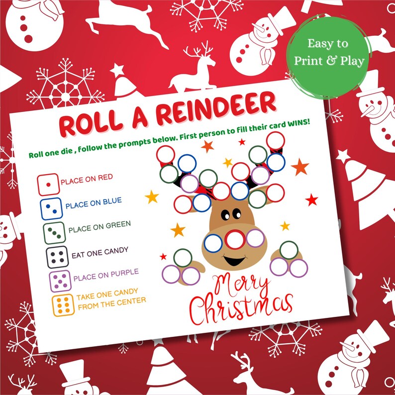 Roll a Reindeer Game, Printable Holiday Game, Christmas Party, Candy ...