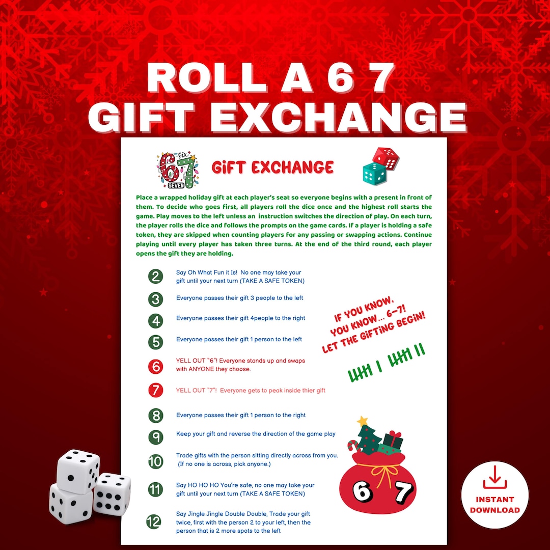 6 7 Christmas Game, Printable Holiday Game, Christmas Party, Dice Game ...