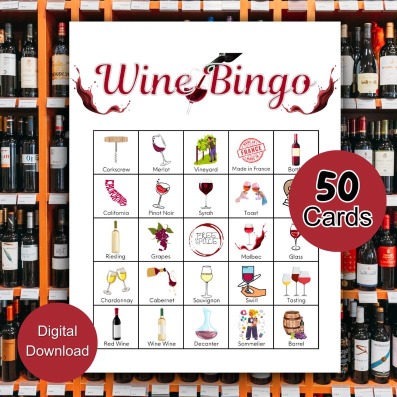 Wine Bingo Game, 50 Printable Bingo Cards, Wine Club BINGO Game, Easy ...