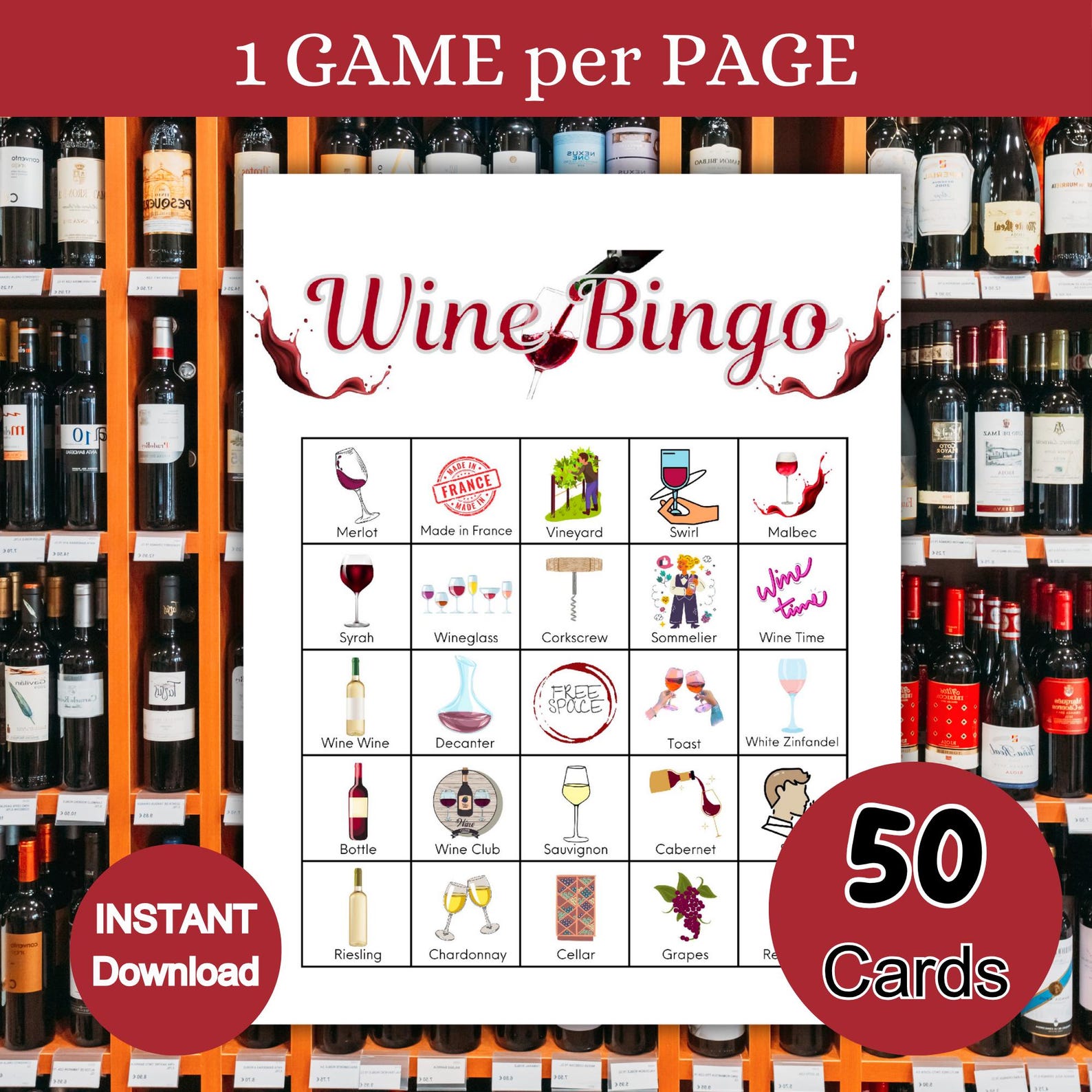 Wine Bingo Game, 50 Printable Bingo Cards, Wine Club BINGO Game, Easy ...