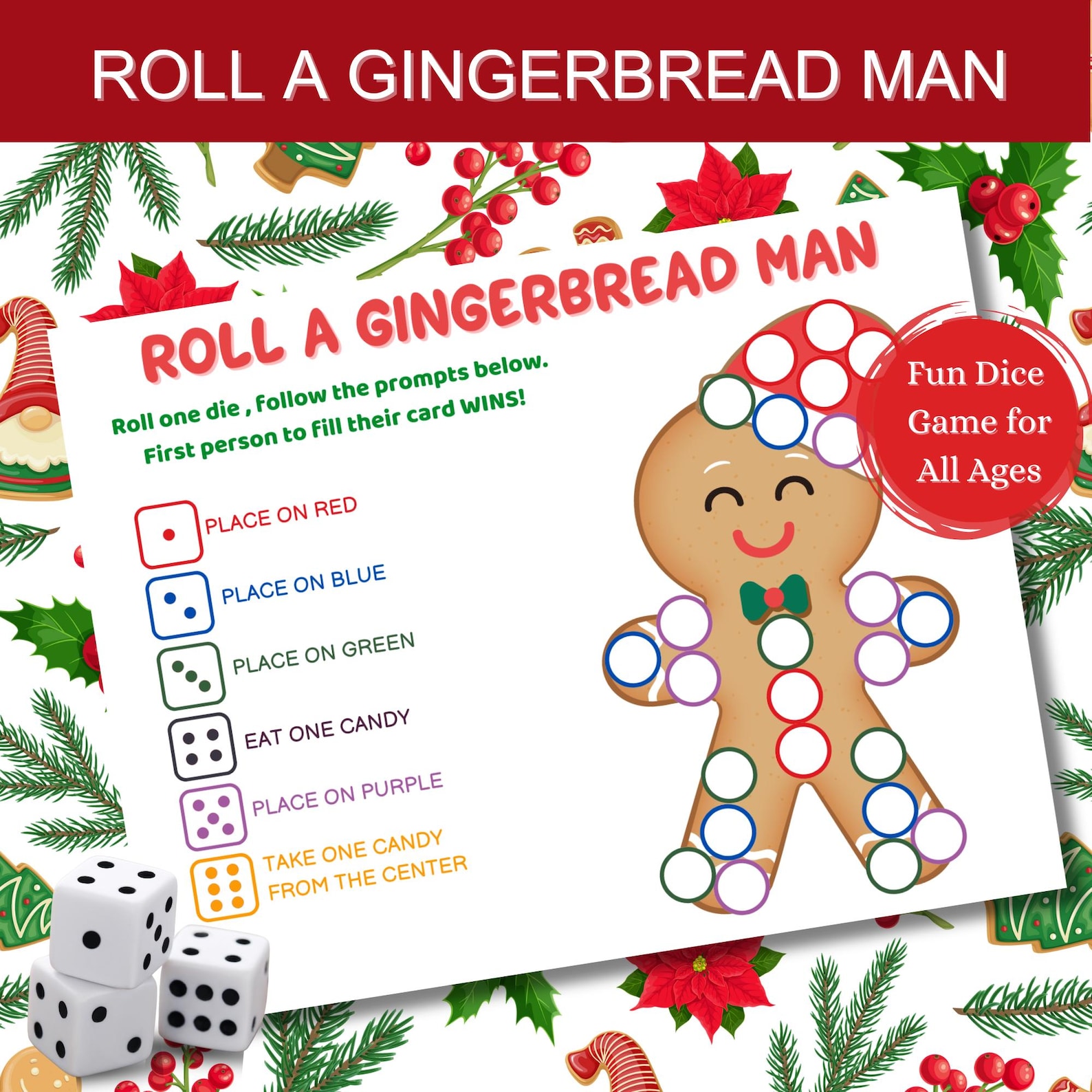 Roll a Gingerbread Man Game, Printable Holiday Game, Christmas Party ...