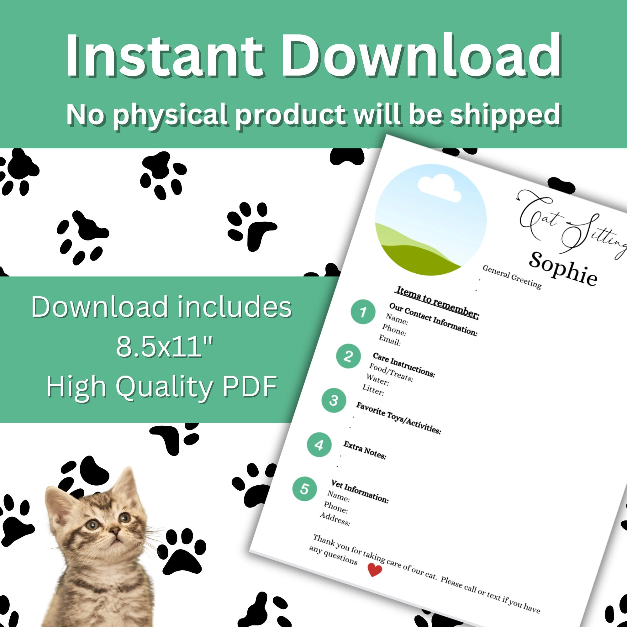 Cat Sitting Template Care Guide, Pet Sitting, Pet Instructions, Pet ...