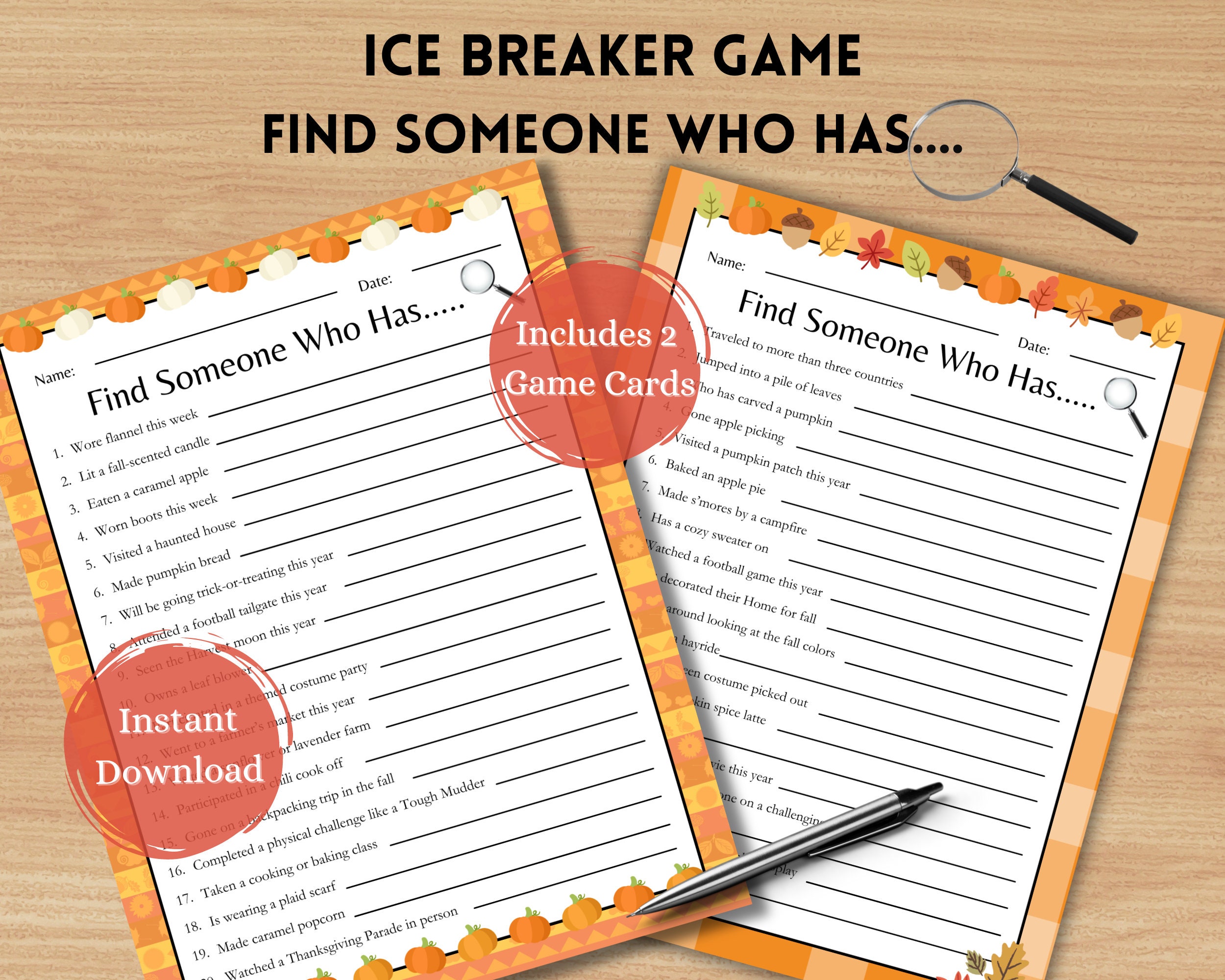 Adult Scavenger Hunt Find Someone Who Ice Breaker Game Fall Theme ...