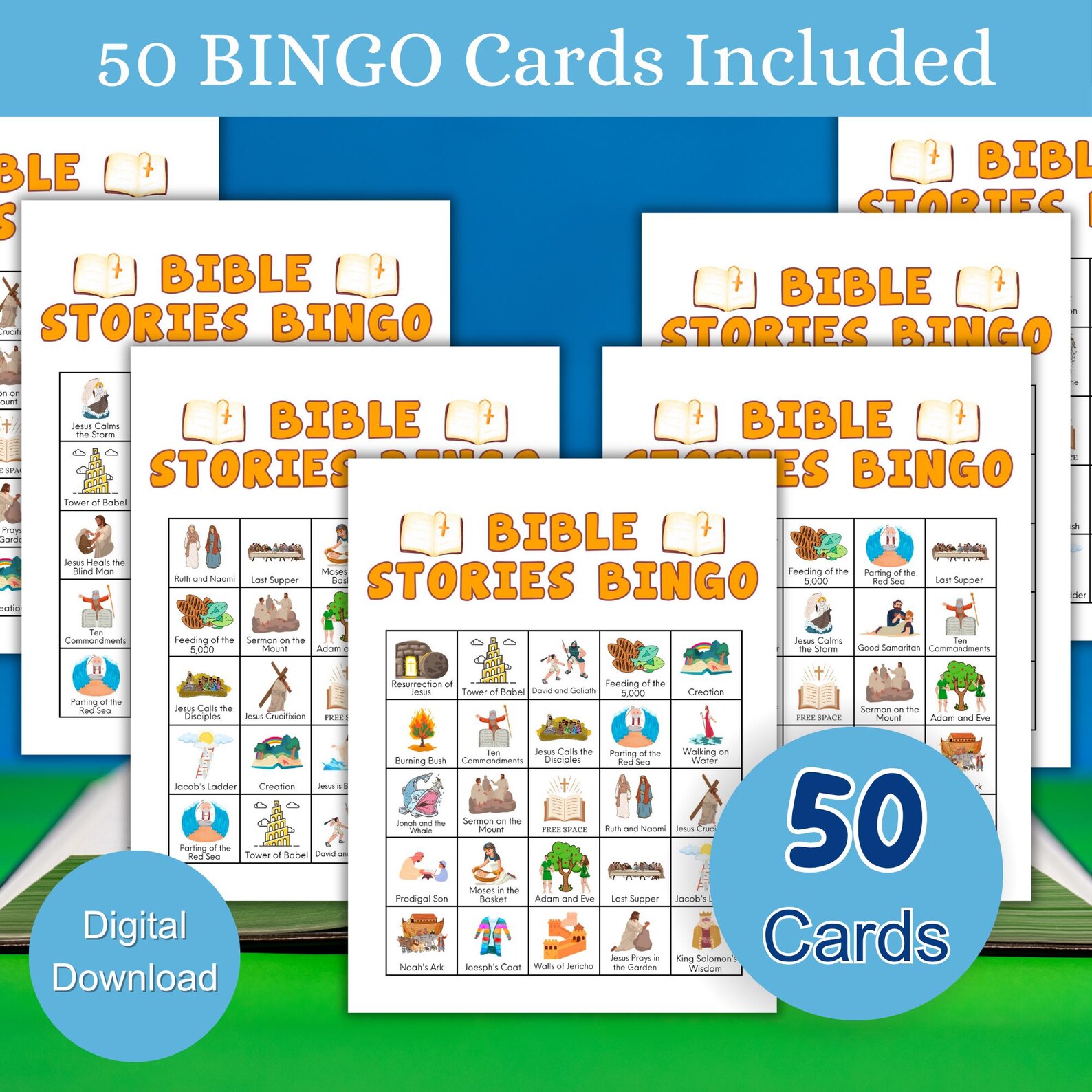 Bible Stories Bingo Game, 50 Printable Bingo Cards, Bible BINGO Game ...