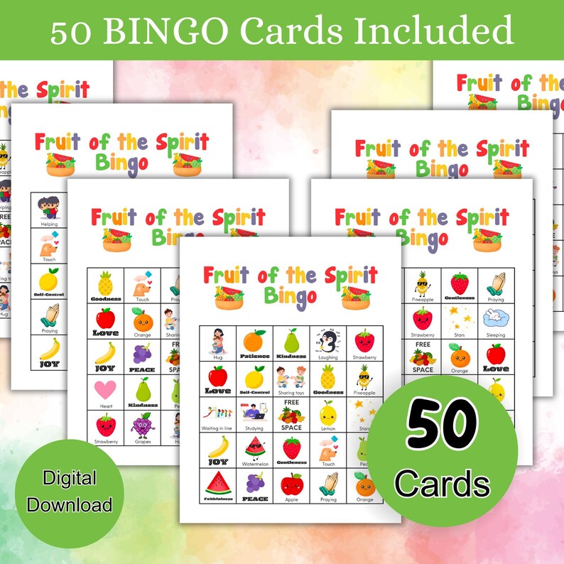 Fruit of the Spirit Bingo Game, 50 Printable Bingo Cards, Fruit of the ...