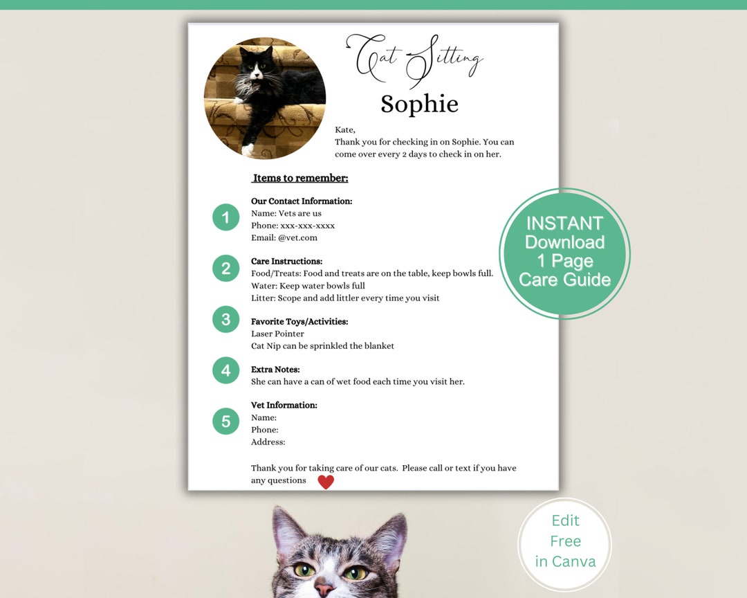 Cat Sitting Template Care Guide, Pet Sitting, Pet Instructions, Pet ...