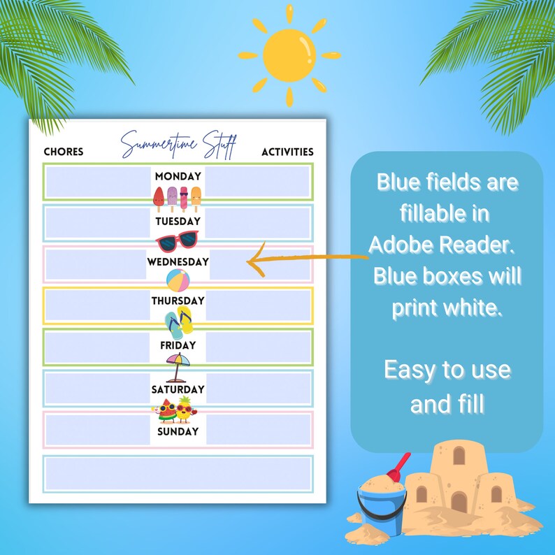 Summer Weekly Schedule Fillable PDF, Kids Schedule Template, Kids ...
