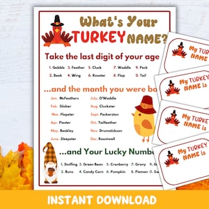 What's Your Turkey Name, Office Party Game, Thanksgiving Game ...
