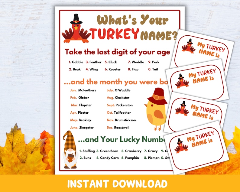 What's Your Turkey Name, Office Party Game, Thanksgiving Game ...