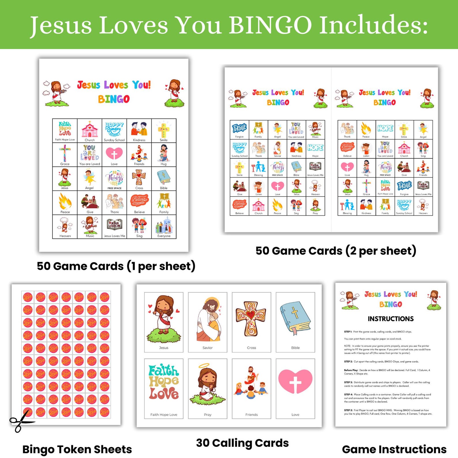Church Bingo Game, 50 Printable Bingo Cards, Jesus Loves You Sunday ...