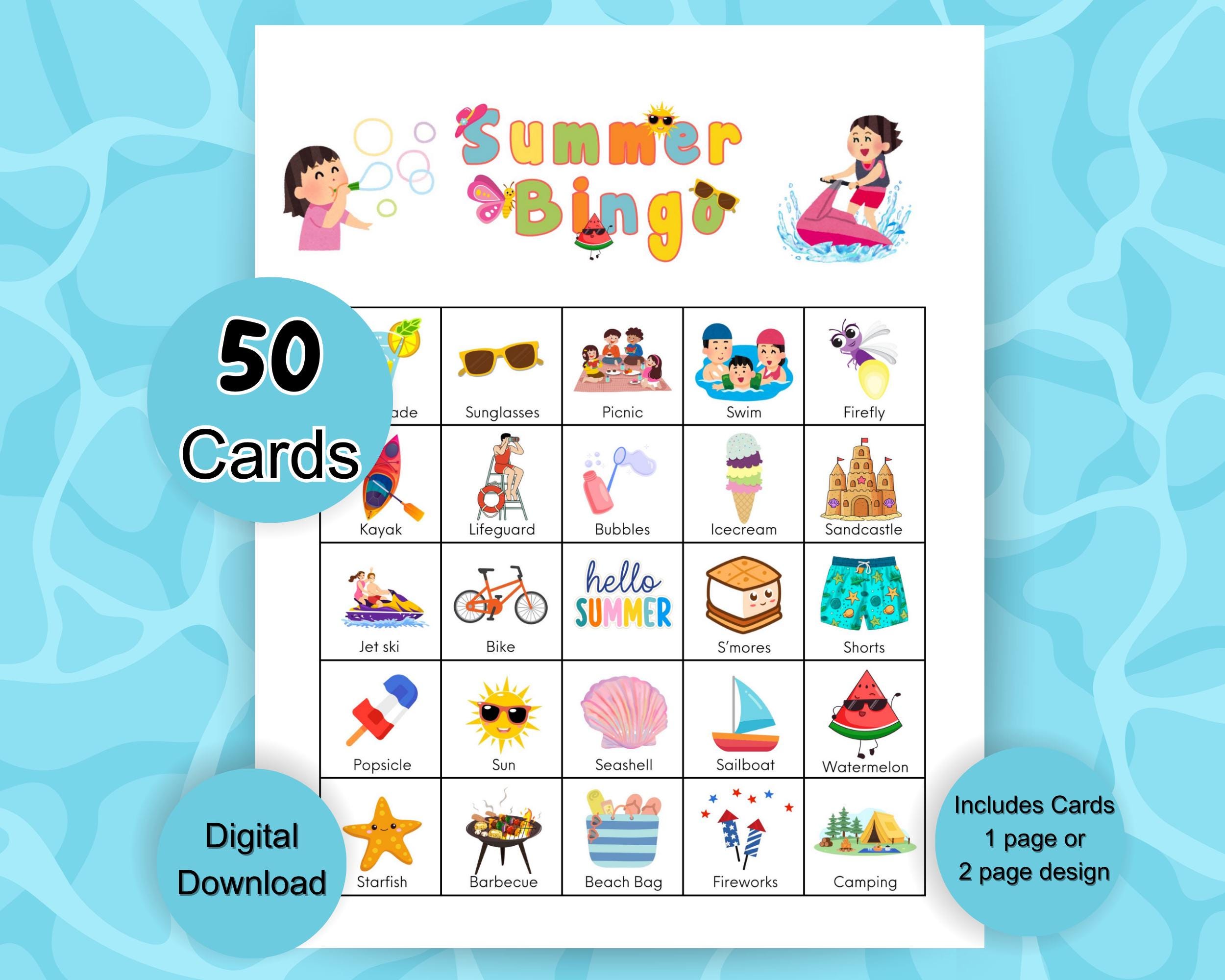 Summer Bingo Game, 50 Printable Camping Bingo Cards, Summertime Party ...