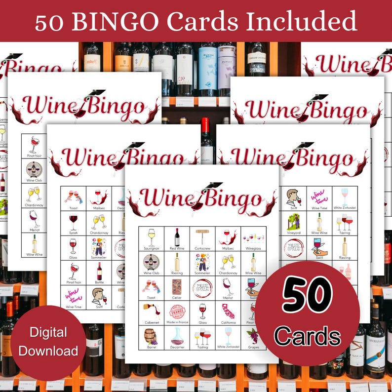 Wine Bingo Game, 50 Printable Bingo Cards, Wine Club BINGO Game, Easy ...