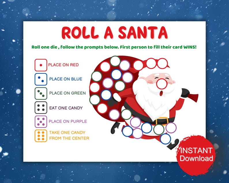 Roll a Santa Game, Printable Holiday Game, Christmas Party, Candy Game ...