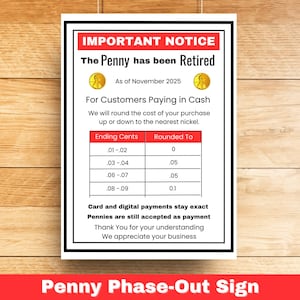 Penny Phase-out Sign, No More Pennies Sign, Cash Register Notice, Penny ...