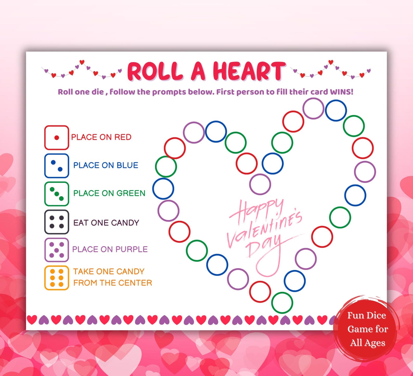 Valentine's Day Game, Roll a Heart Candy Game, Printable Game ...