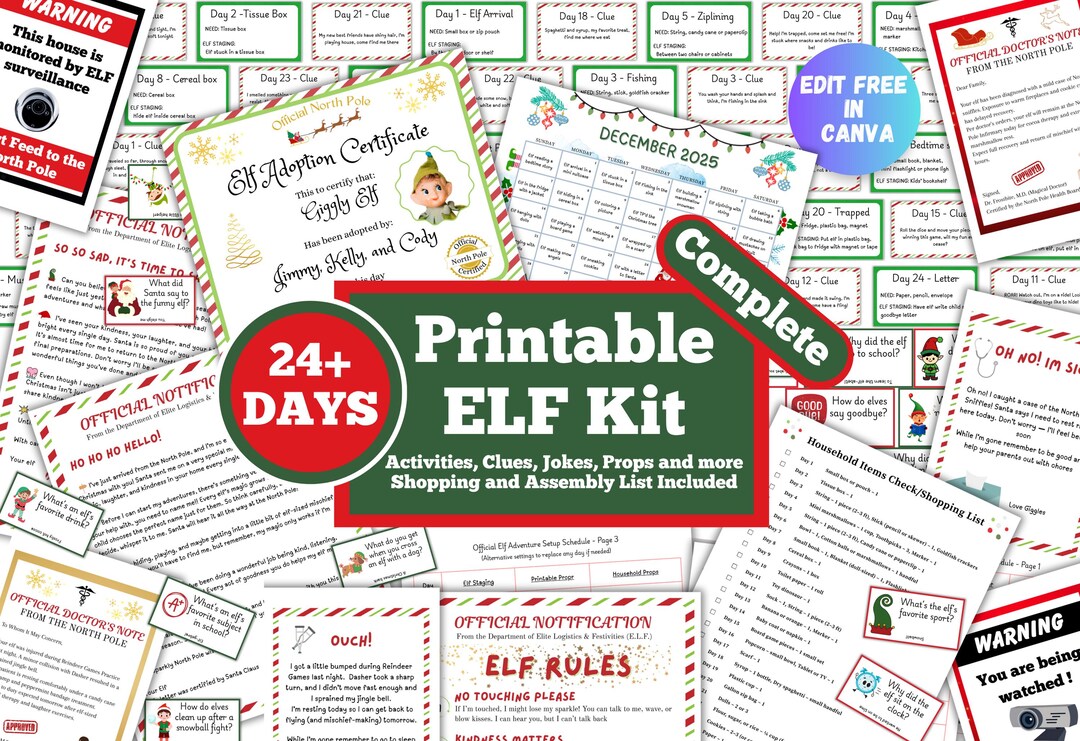 Elf Kit 24 Days, Christmas Elf Activities Set up List, Clue Cards ...