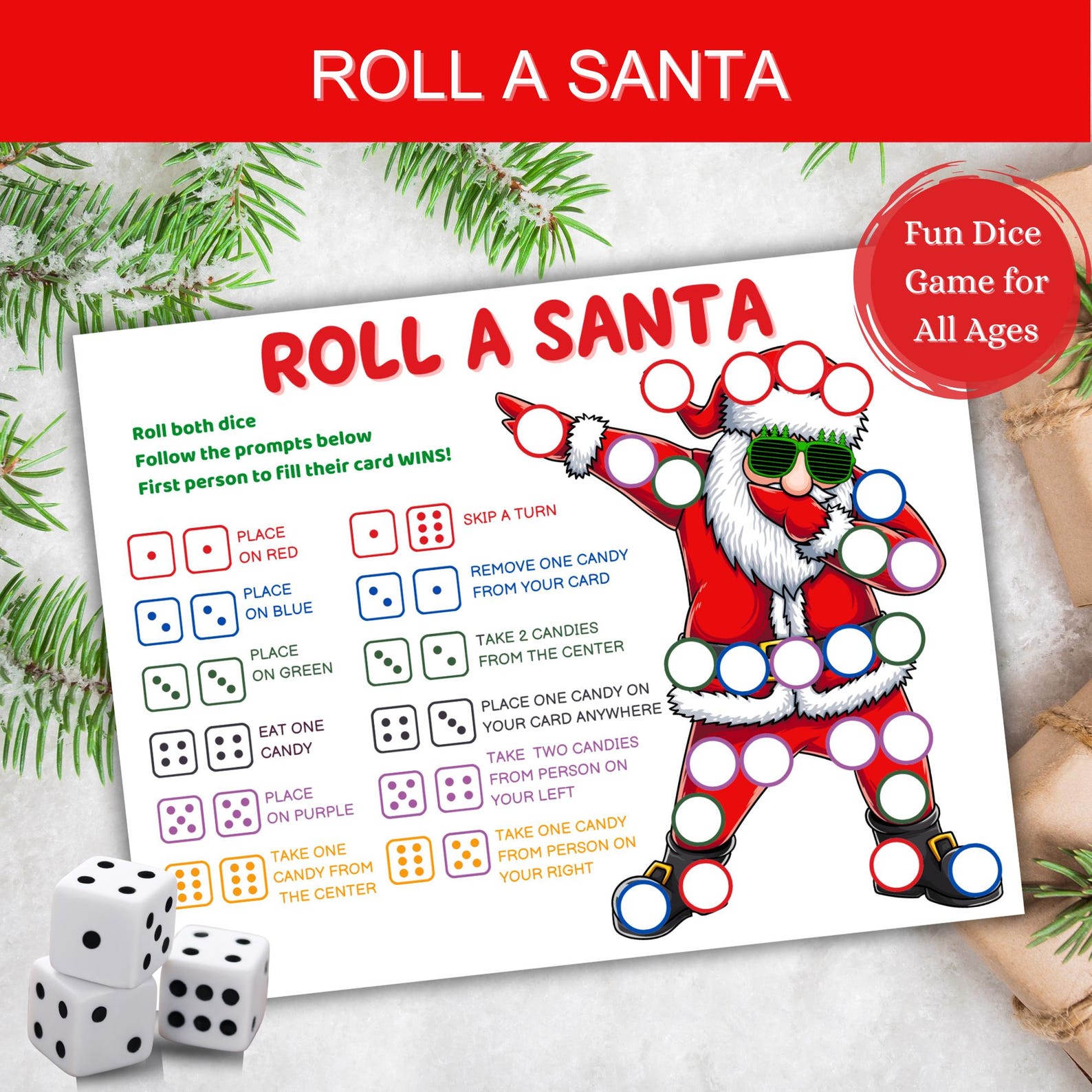 Roll a Santa Dice Game, Printable Holiday Game, Christmas Party, Candy ...