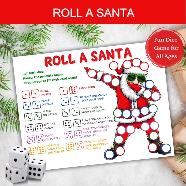 Roll a Santa Dice Game, Printable Holiday Game, Christmas Party, Candy ...