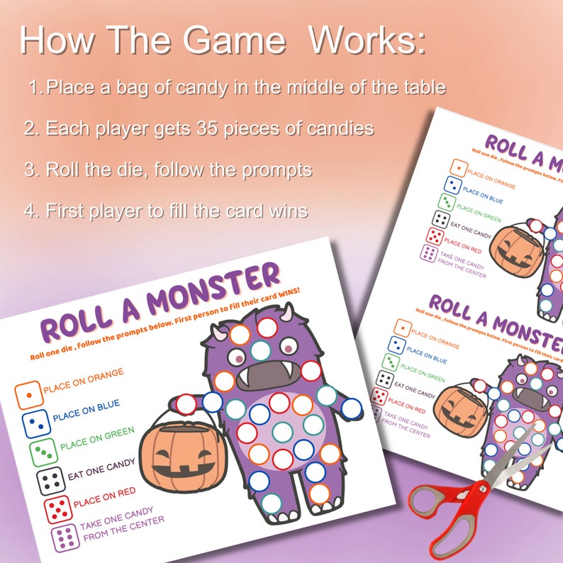 Roll a Monster Game, Printable Game for Kids, Fall Party, Candy Game ...