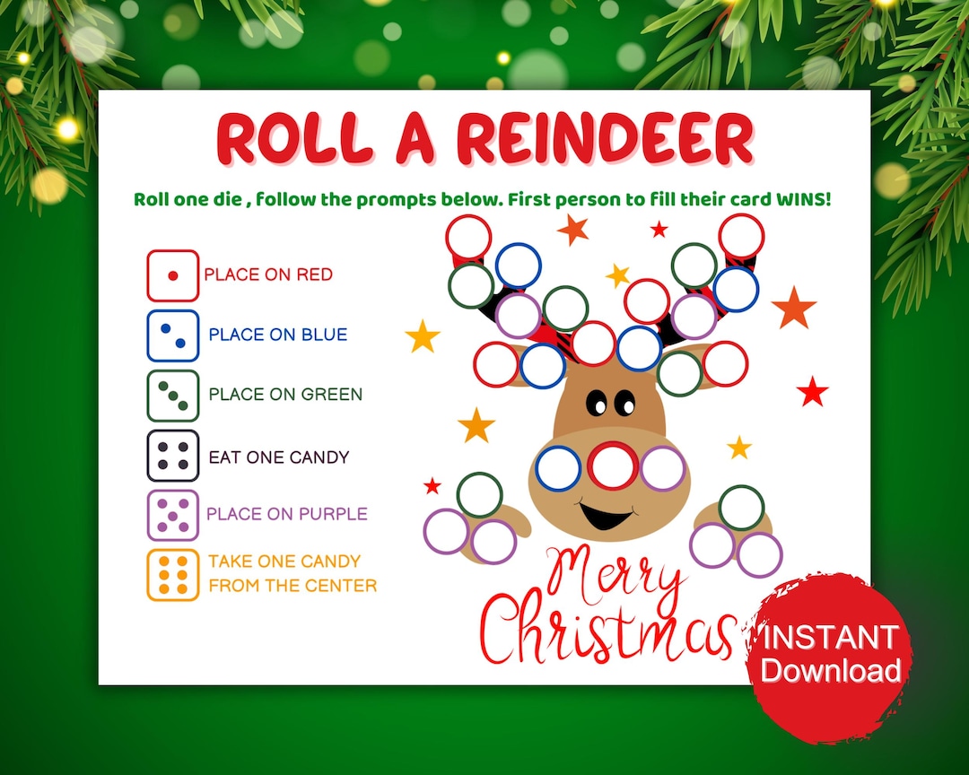 Roll a Reindeer Game, Printable Holiday Game, Christmas Party, Candy ...