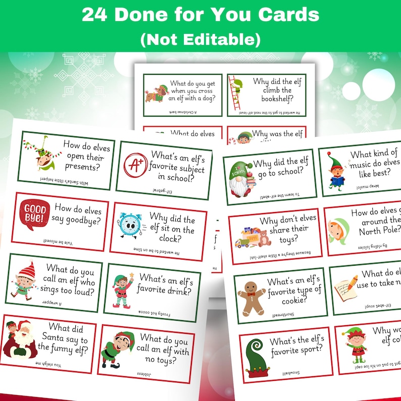 Elf Joke Cards, Lunchbox Notes, 24 Days of Elf Joke Cards, Funny ...