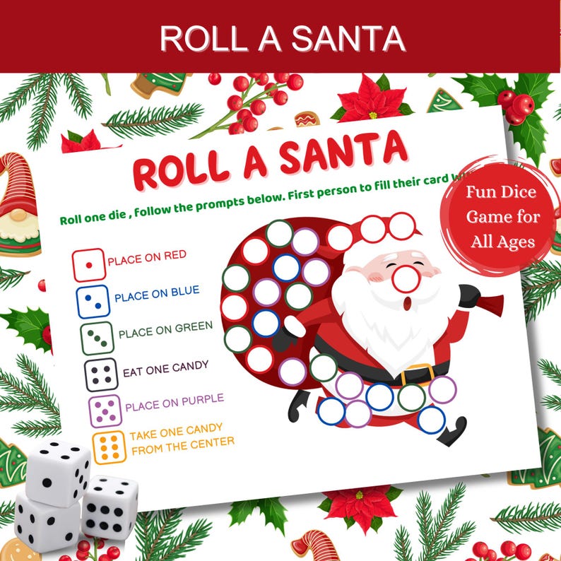Roll a Santa Game, Printable Holiday Game, Christmas Party, Candy Game ...