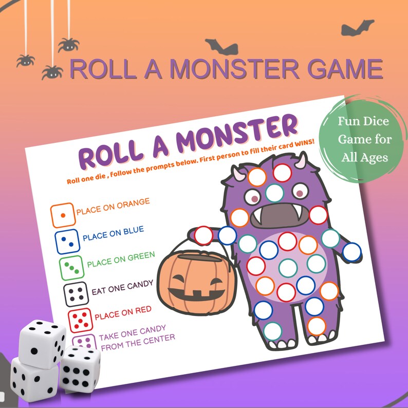 Roll a Monster Game, Printable Game for Kids, Fall Party, Candy Game ...