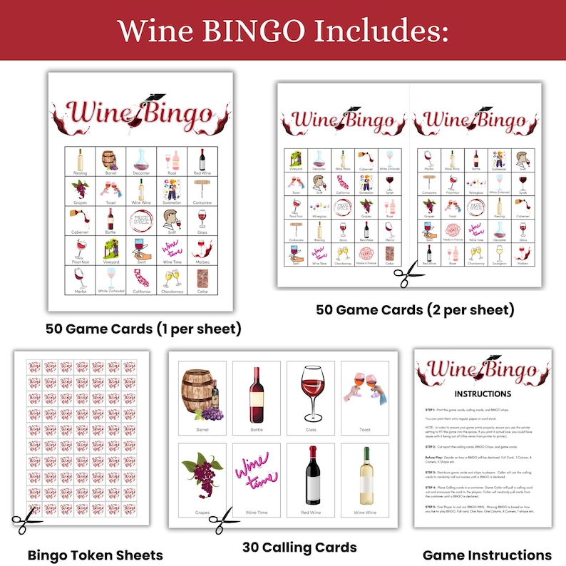 Wine Bingo Game, 50 Printable Bingo Cards, Wine Club BINGO Game, Easy ...