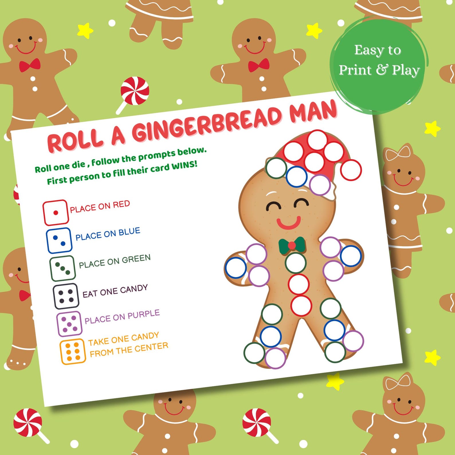 Roll a Gingerbread Man Game, Printable Holiday Game, Christmas Party ...