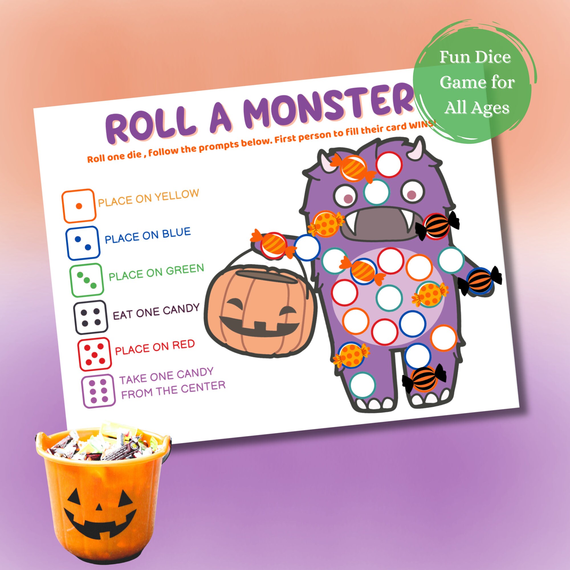 Roll a Monster Game, Printable Game for Kids, Fall Party, Candy Game ...