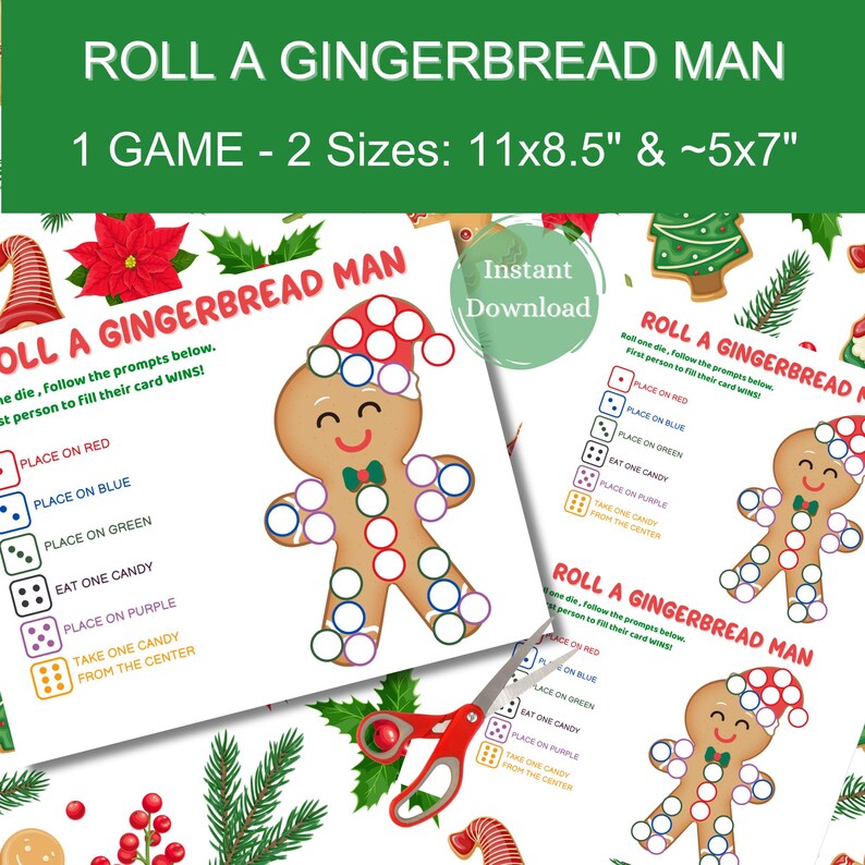Roll a Gingerbread Man Game, Printable Holiday Game, Christmas Party ...